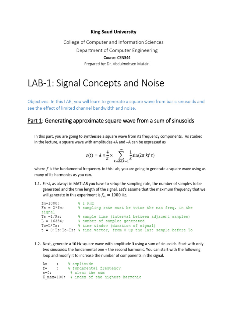 LAB-1 Signal Concepts and Noise 2 | PDF | Sampling (Signal Processing) | Bandwidth (Signal ...