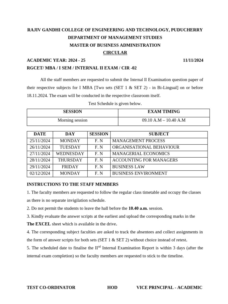1st internals circular | PDF | Master Of Business Administration ...