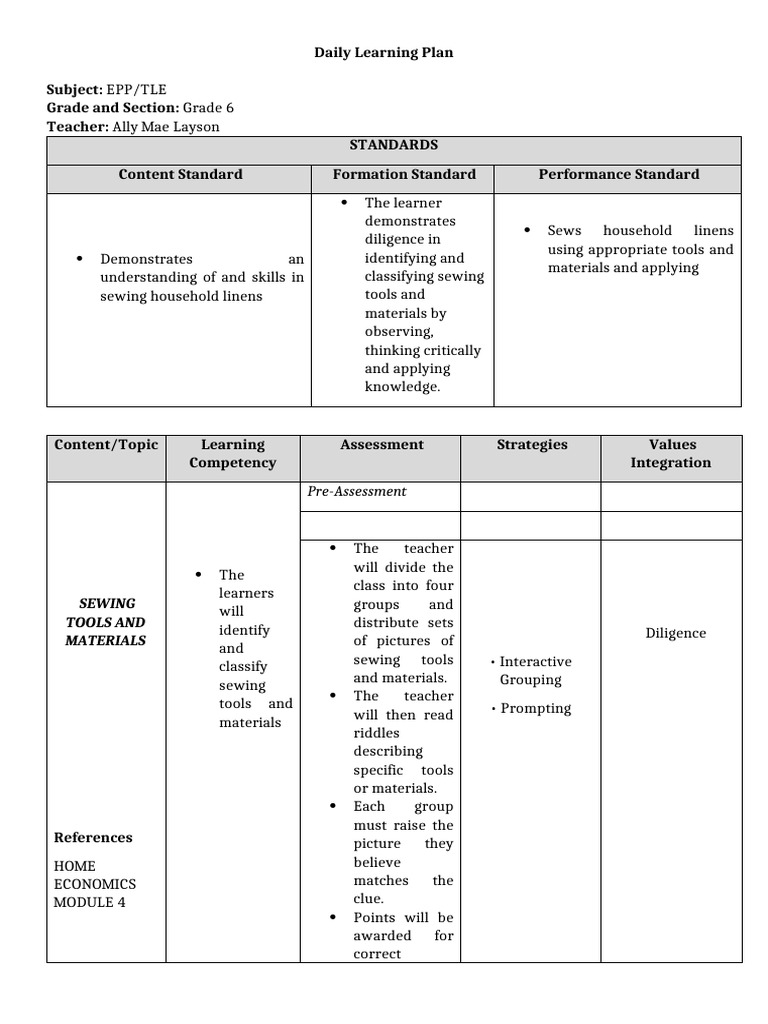 TLE LP 1 | PDF | Sewing | Learning