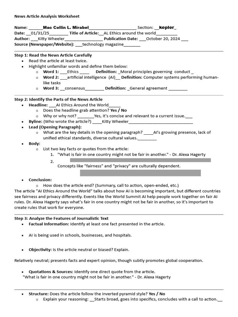 News Article Analysis Worksheet | PDF | Cognition