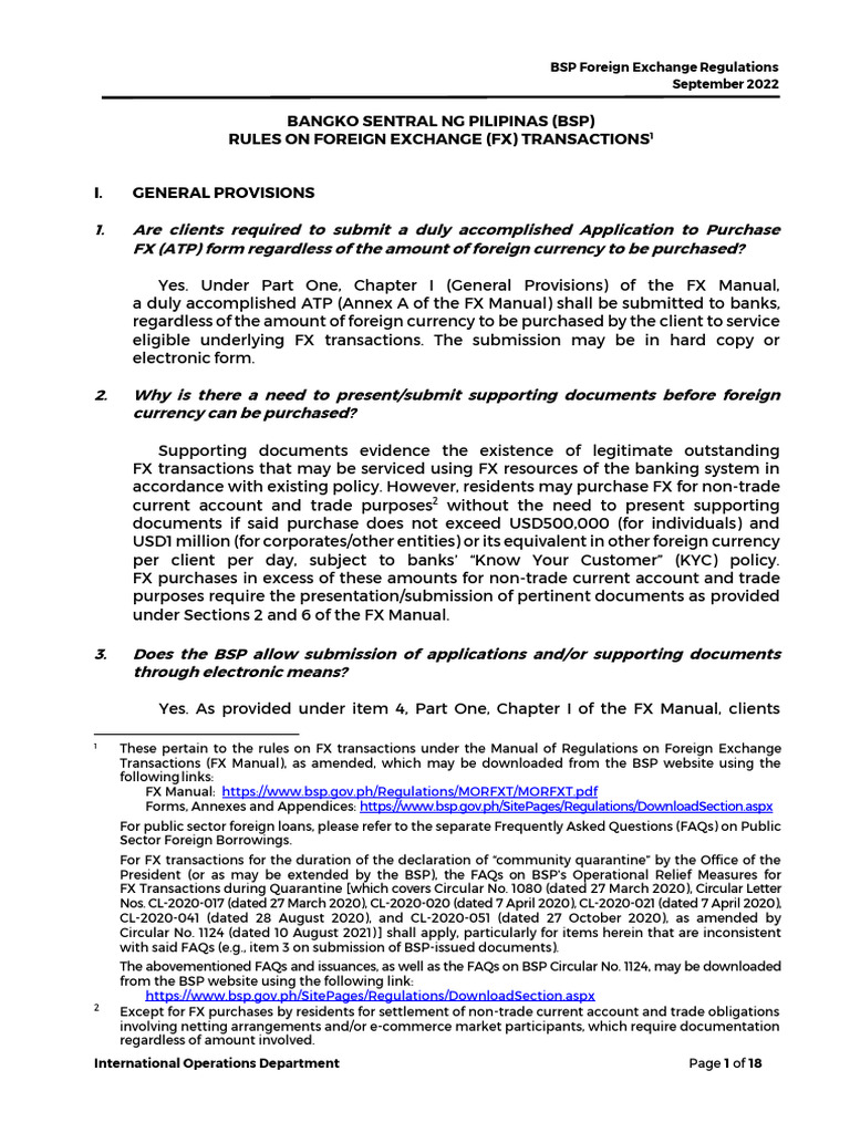 FAQs On BSP FX Regulations | PDF | Loans | Foreign Exchange Market