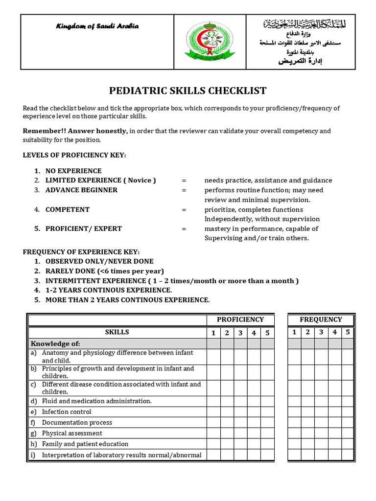 Pediatric Skills Checklist Part 2 | PDF | Health Care