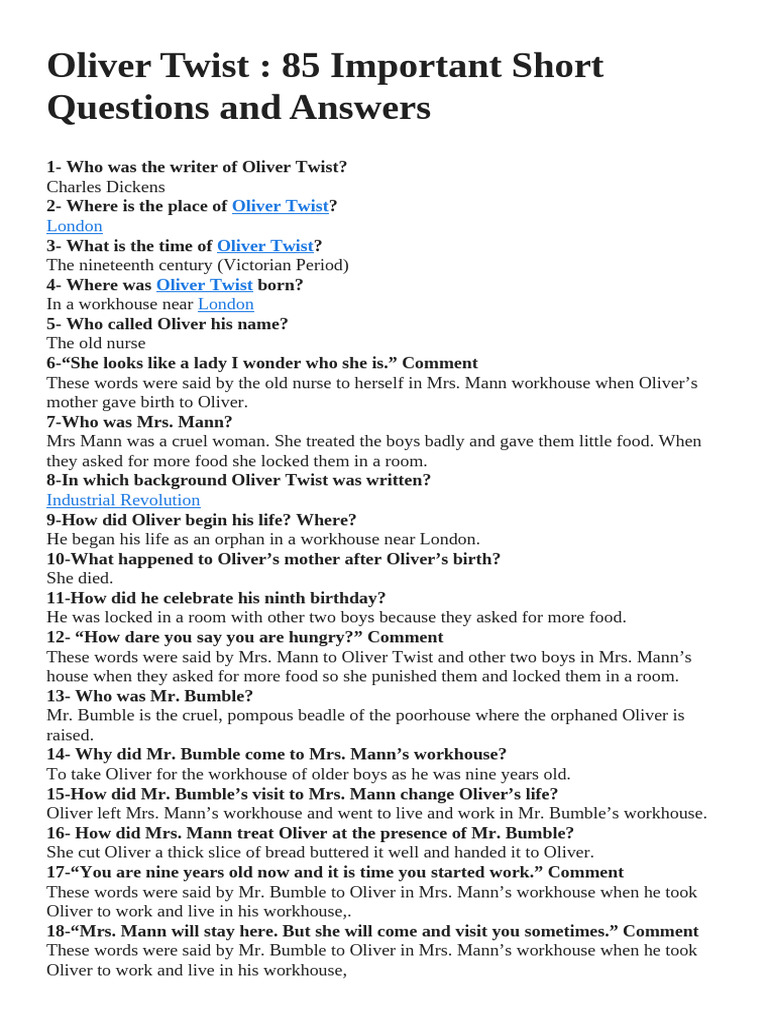 Oliver Twist Questions & Answers | PDF | Nancy (Oliver Twist) | Fagin