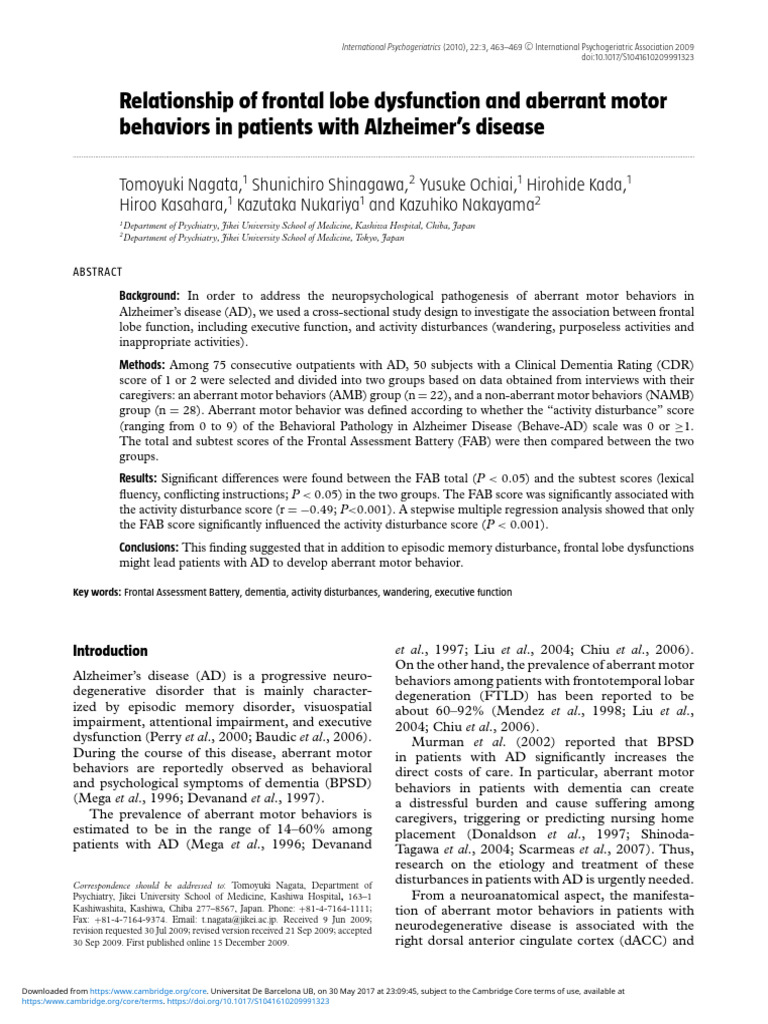 2010 Nagata Motor Aberrant Behavior and AD | PDF | Alzheimer's Disease | Health Care