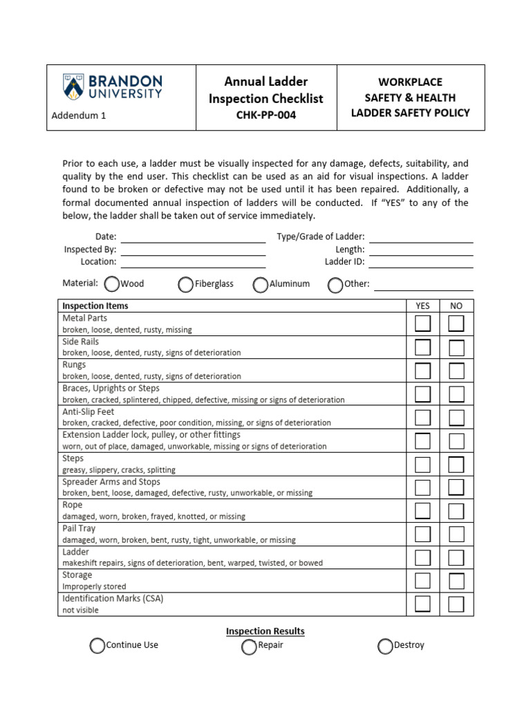 CHK PP 004 Annual Ladder Inspection Checklist Fillable | PDF