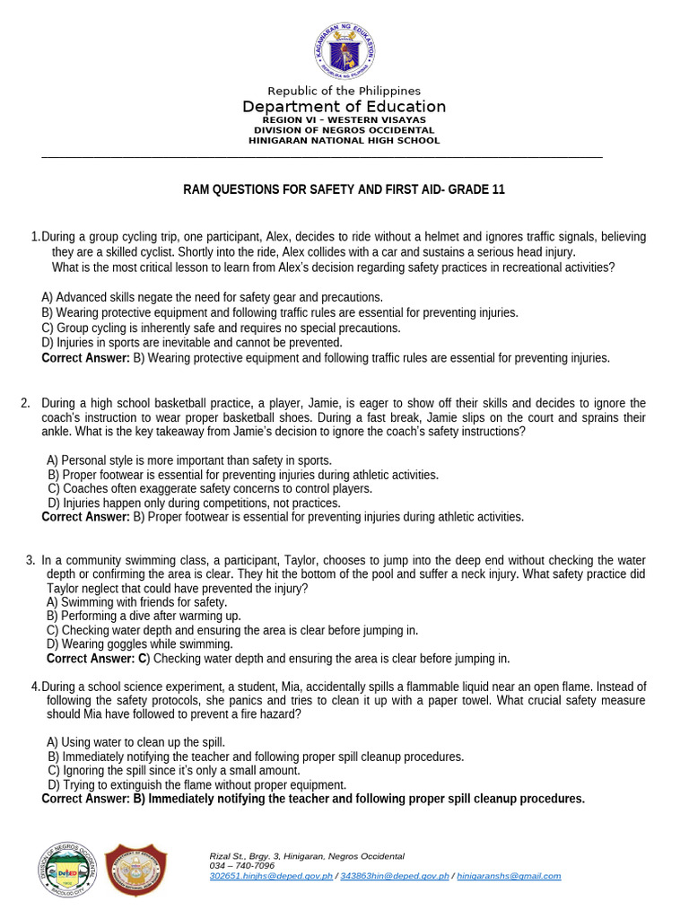 RAM Questions For Safety and First Aid 11 | PDF | Swimming | First Aid