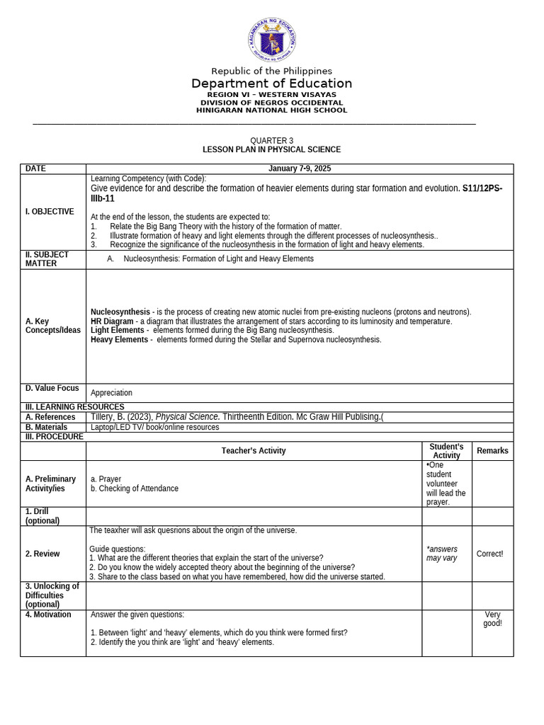 Lesson Plan W1 L1 for DRRR 11 | PDF | Stars | Chemical Elements