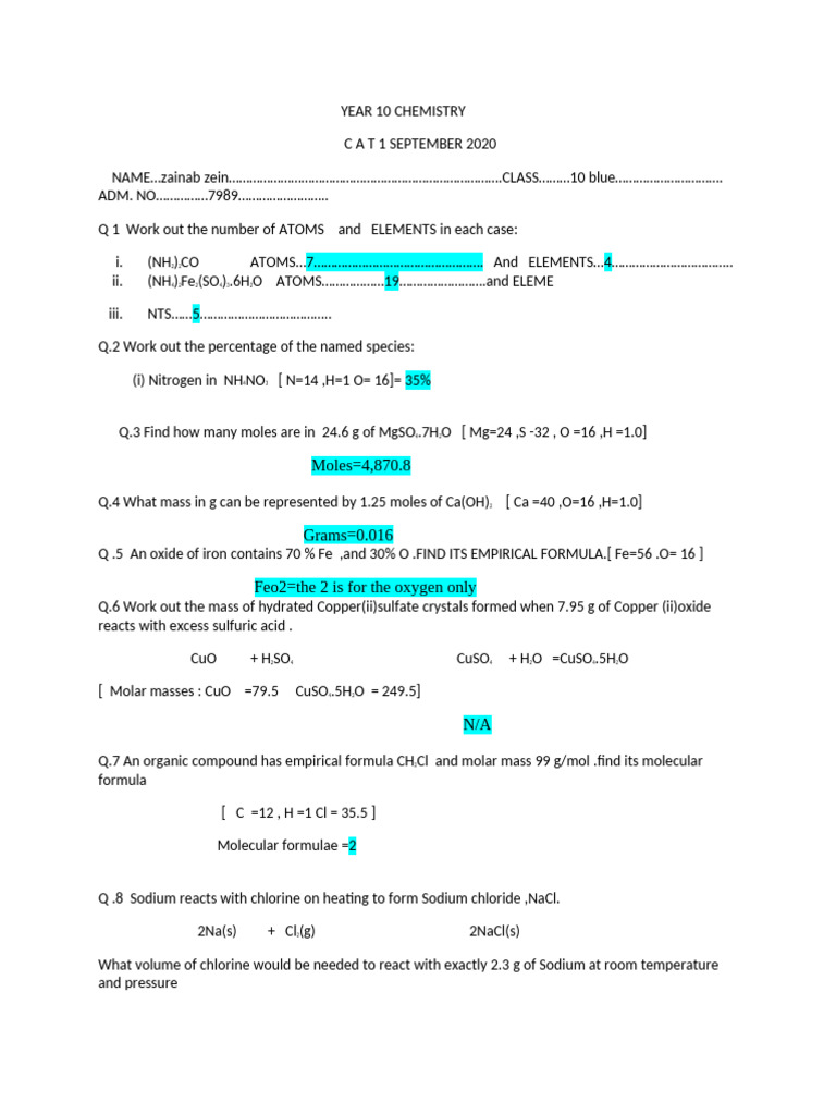 YEAR 10 CHEMISTRY | PDF | Chlorine | Mole (Unit)