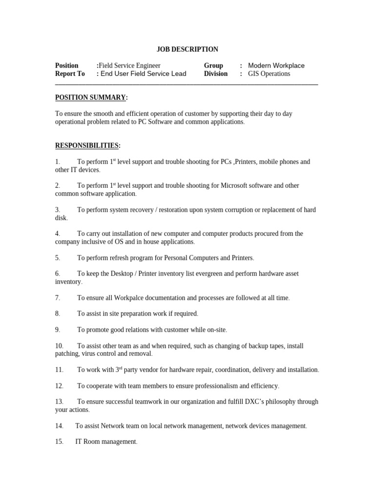 JOB DESCRIPTION - Field Service | PDF