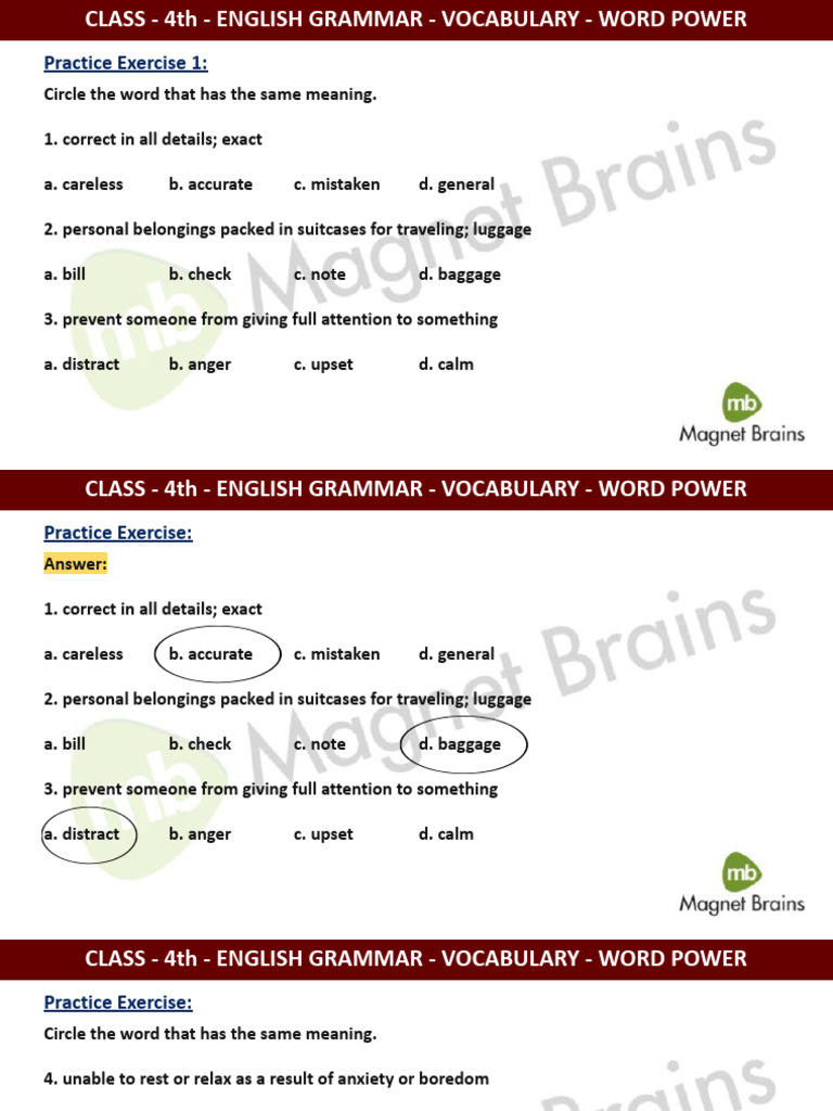 Vocabulary Power Exercises for Grade 4 | PDF | Baggage