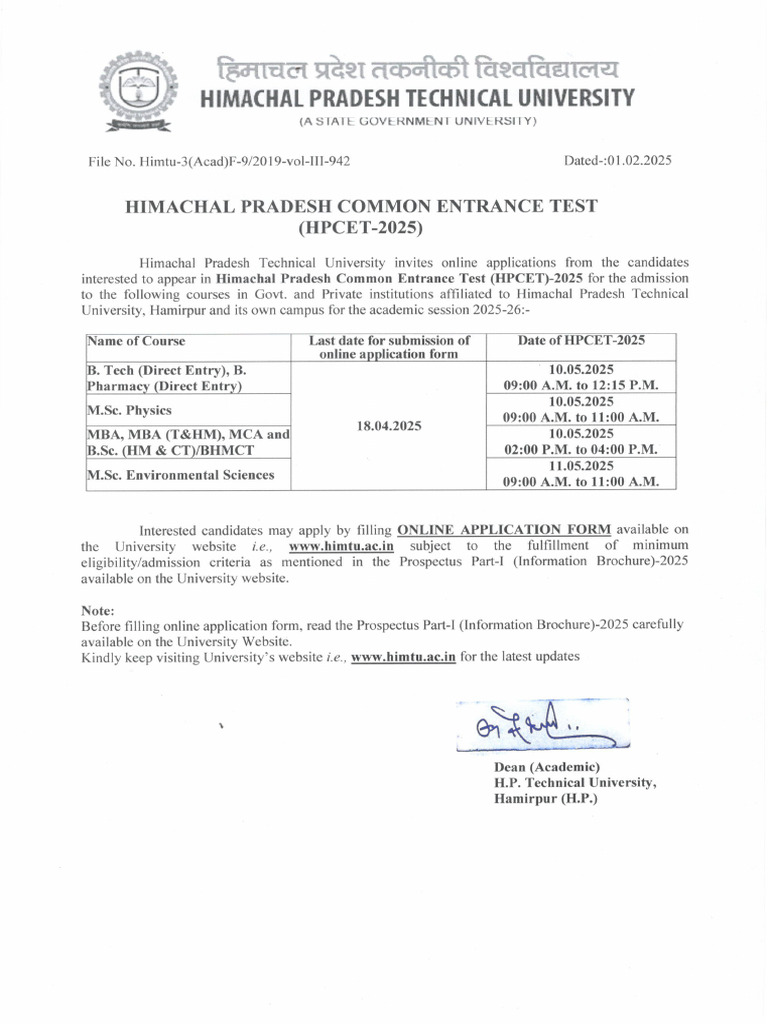 1225 Admission Notice HPCET 2025 | PDF