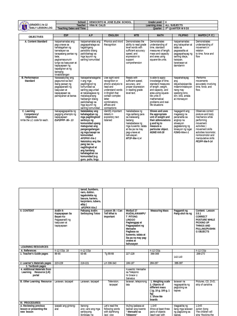 DLL All-Subjects-2 Q3 W10 D3 | PDF | Quantity | Mass