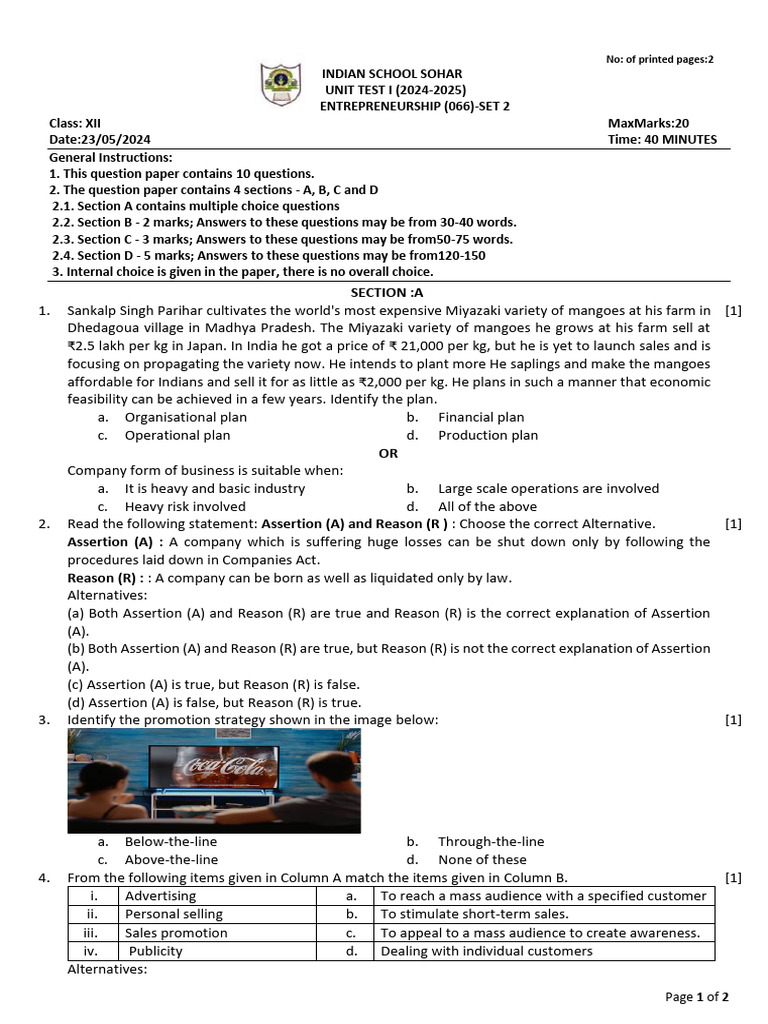 Class Xii Ut I Entrepreneurship (Set 1) 2024-25 | PDF | Marketing | Brand