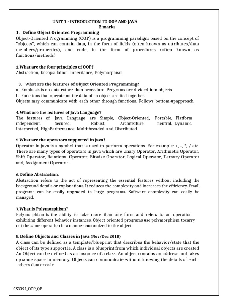 III CSE CS3391 OOP QB Unit1 | PDF | Object Oriented Programming | Class (Computer Programming)