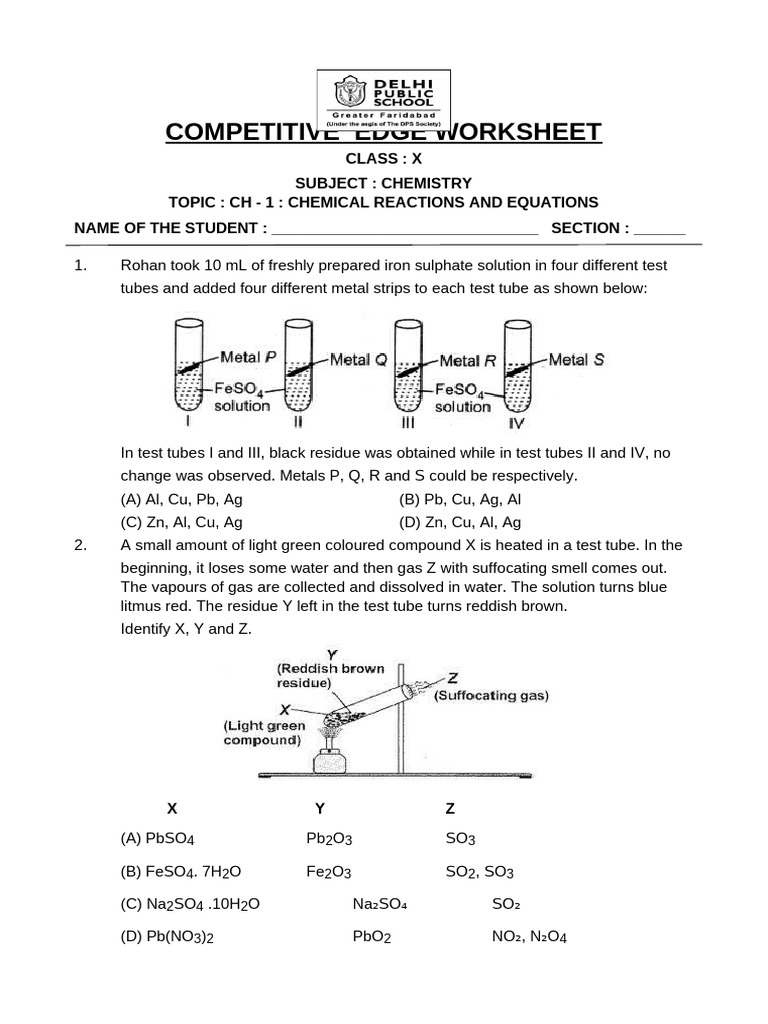 Competitive Edge Worksheet 1 - Class X - CH 1 - Chemical Reactions and ...