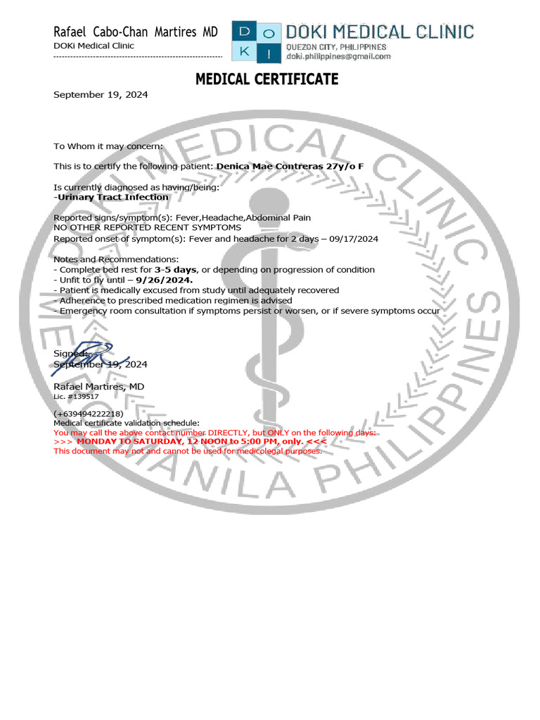 Medical Certificate: Rafael Cabo-Chan Martires MD | PDF