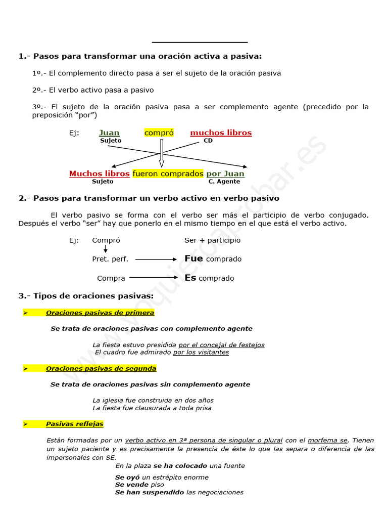 Ejemplos y Transformación de Oraciones Pasivas | PDF | Verbo | Asunto ...