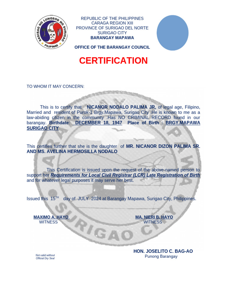 Certification For Late Registeration (LCR) | PDF