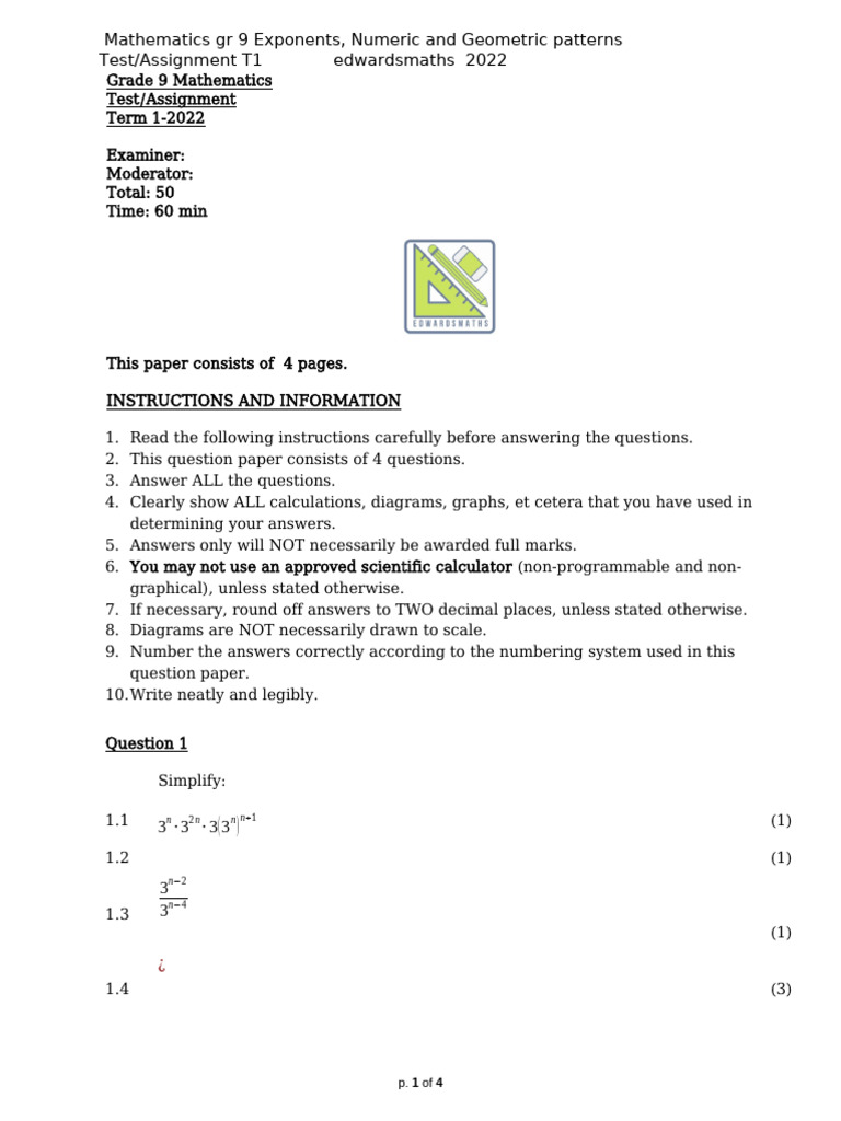 GR 9 Edwardsmaths Test or Assignment Exponents, Numeric and Geometric ...