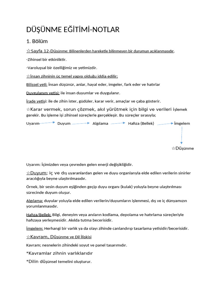 DÜŞÜNME EĞİTİMİ Notlar | PDF