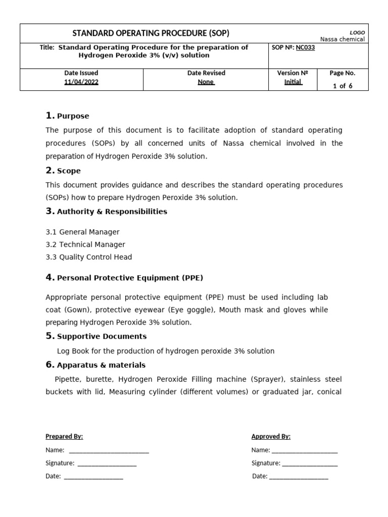 Hydrogen Peroxide 3% Preparation SOP | PDF | Hydrogen Peroxide | Water