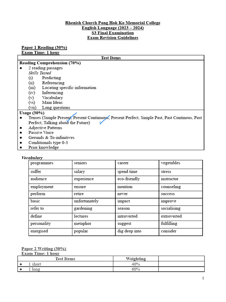 23-24 EL S3 Final Exam Revision Guidelines | PDF | Vocabulary | Reading ...