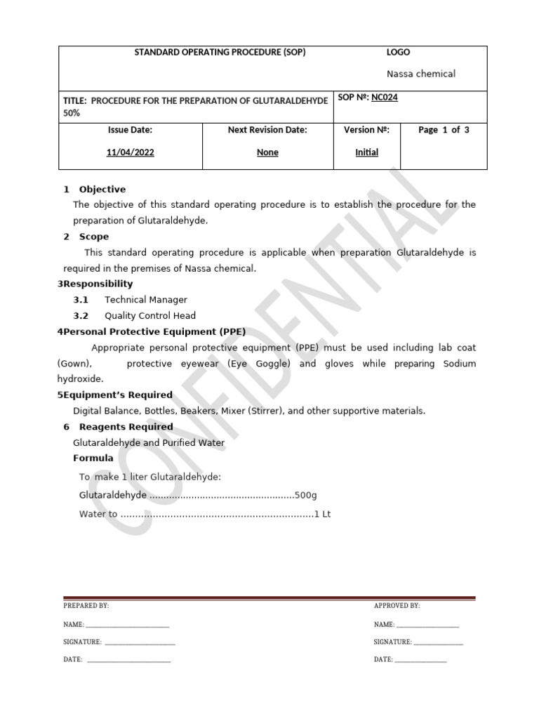 Glutaraldehyde Solution Preparation SOP | PDF