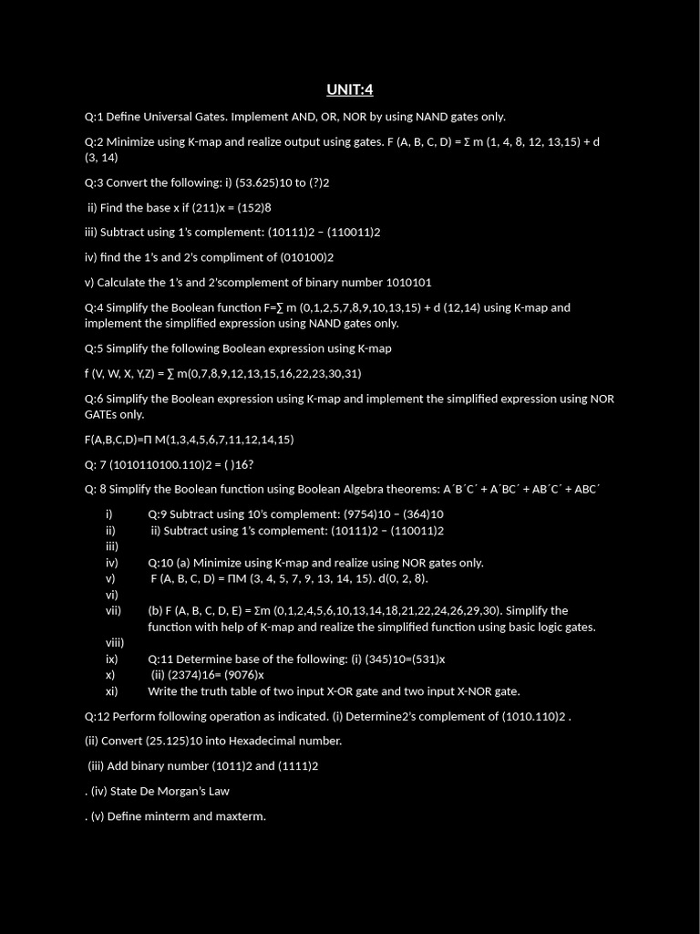 UNIT 4 IMP QUE | PDF | Boolean Algebra | Teaching Mathematics