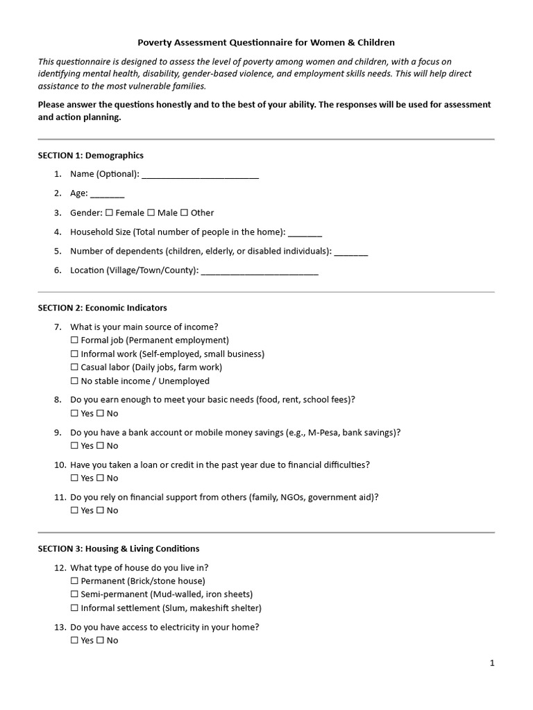 2025 - Poverty Assessment Questionnaire For Women | PDF | Poverty ...