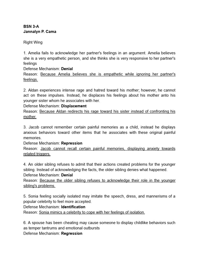 Defense Mechanism Assignment | PDF | Sibling | Anxiety