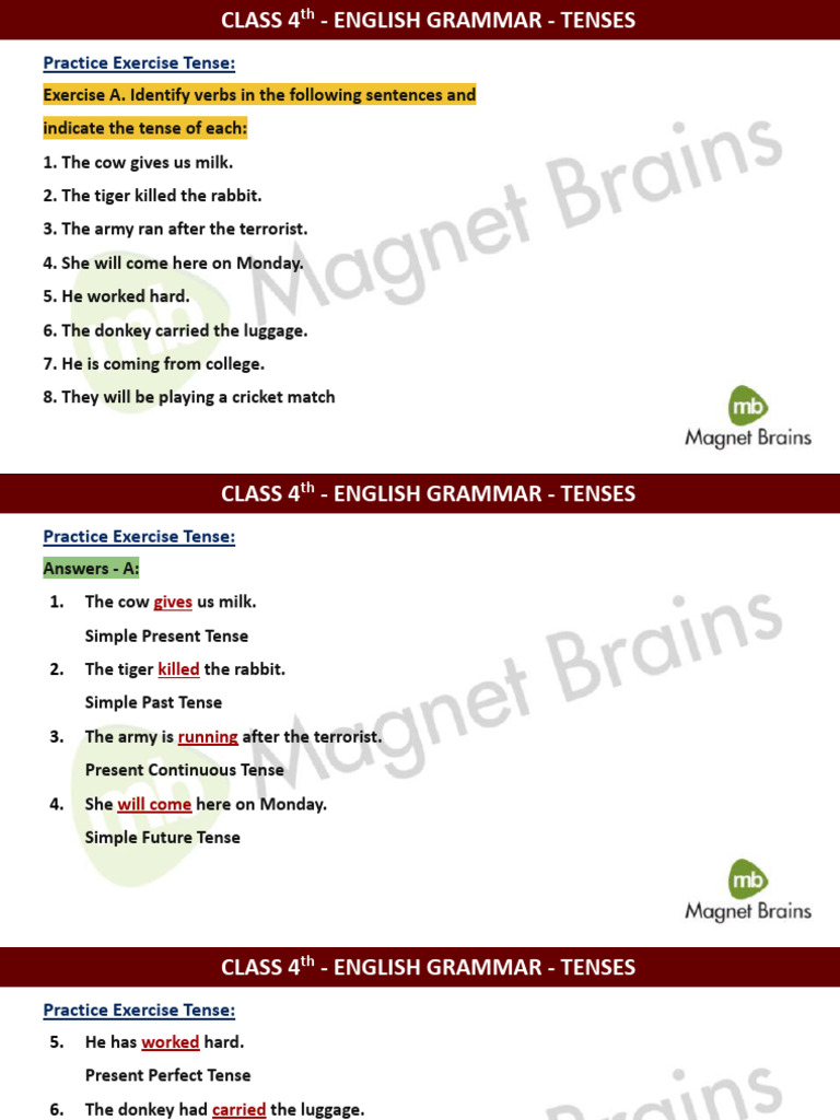 Class 4th to 8th - English Grammar - Tenses (Exercise) | PDF ...