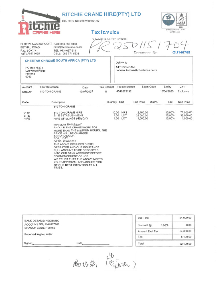 Tax Invoice for Cheetah Chrome SA | PDF | Invoice | Taxes