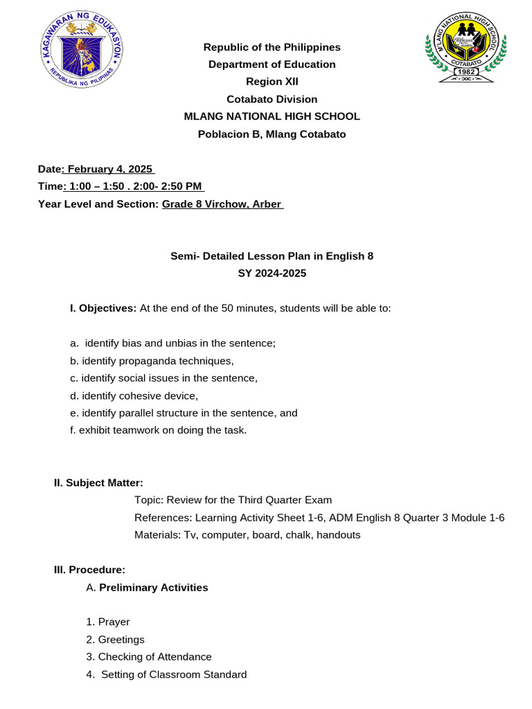 Reveiw Lesson Plan Grade 8 | PDF | Lesson Plan | Cognition