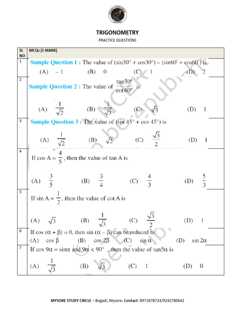 8. 2023 TRIGONOMETRY QUESTION BANK | PDF
