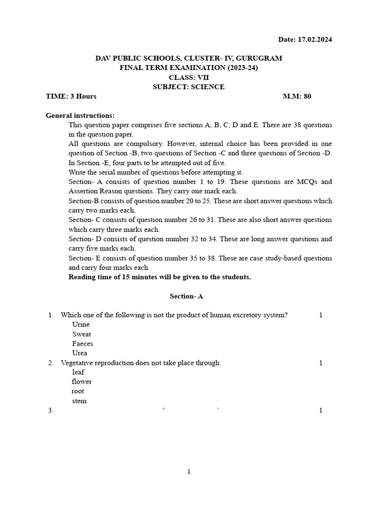 Class VII Science Final Exam Paper 2023-24 | PDF | Urinary System | Trees