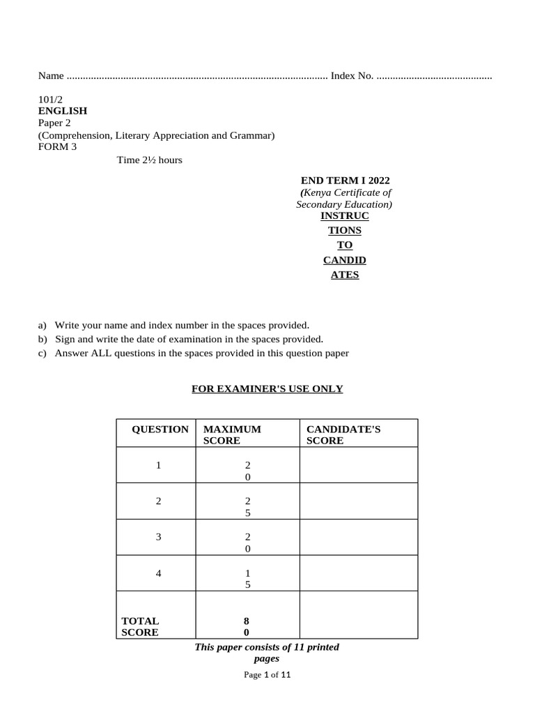 English Form 2 Sample Question Paper | PDF