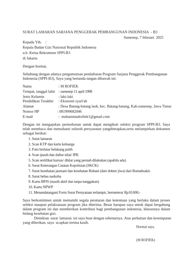 M Rofiek Surat Lamaran Kerja SPPI-B3 | PDF