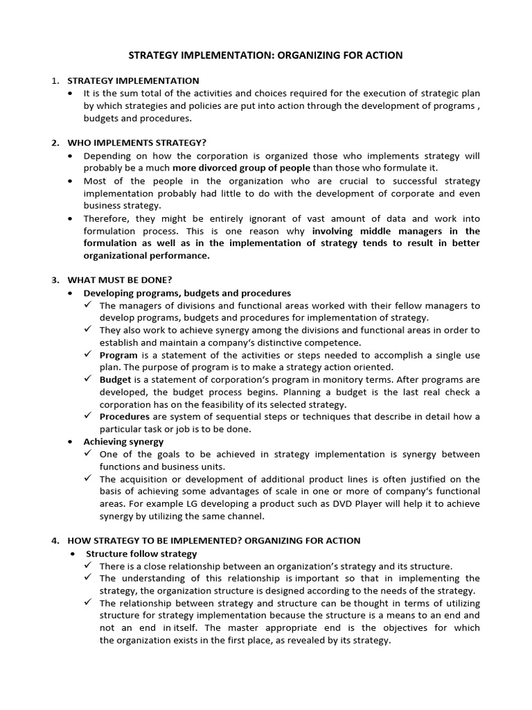 Strategy Implementation Organizing For Action | PDF | Organizational Structure | Business