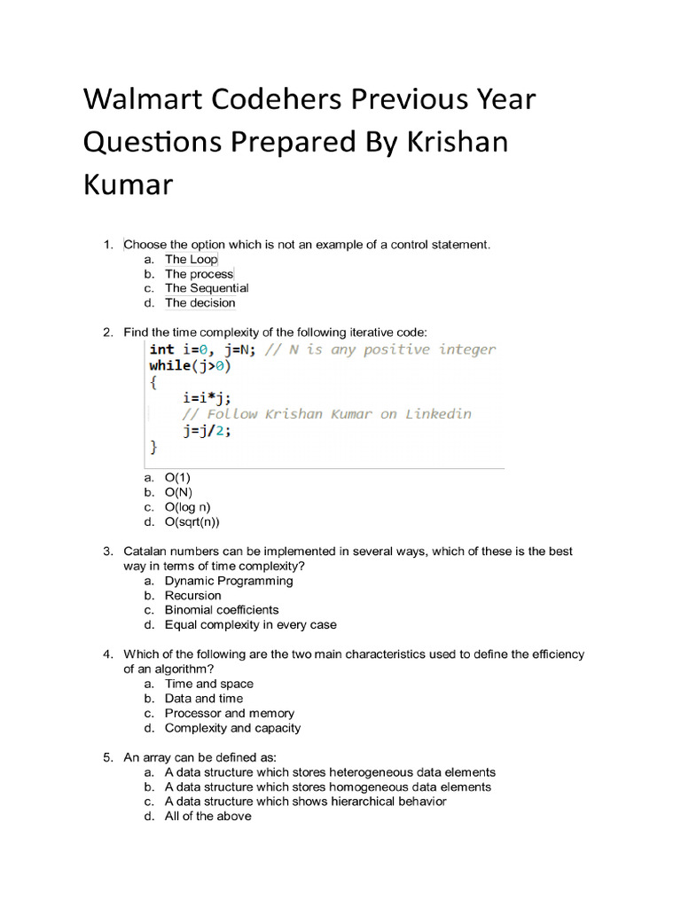 Walmart Codehers Previous Year Questions | PDF