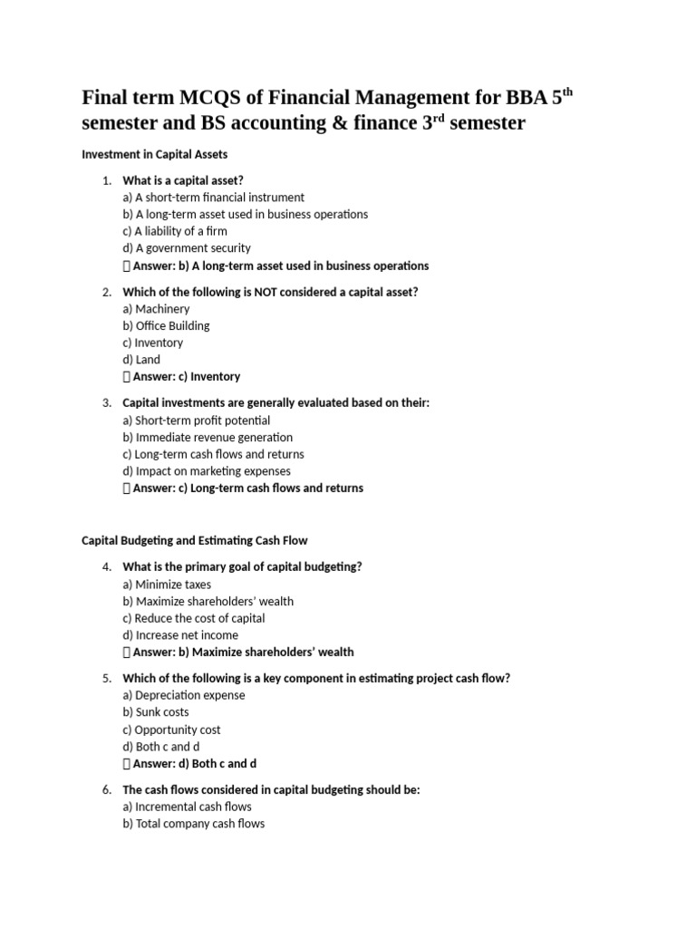 Final Term MCQS of Financial Management For BBA 5th Semester and BS ...