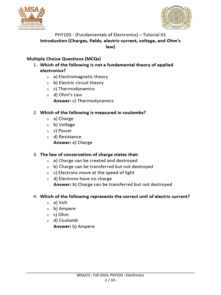 PHY103 - [Fundamentals of Electronics] - Sheet 01 - Model Answer | PDF ...