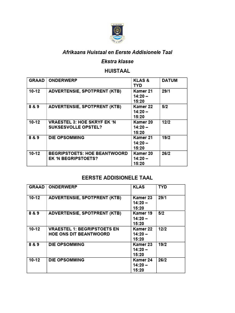 Afrikaans Intervensie Hulpklasse 2025 | PDF