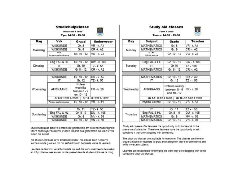Studiehulpklasse Rooster - Kwartaal 1 | PDF