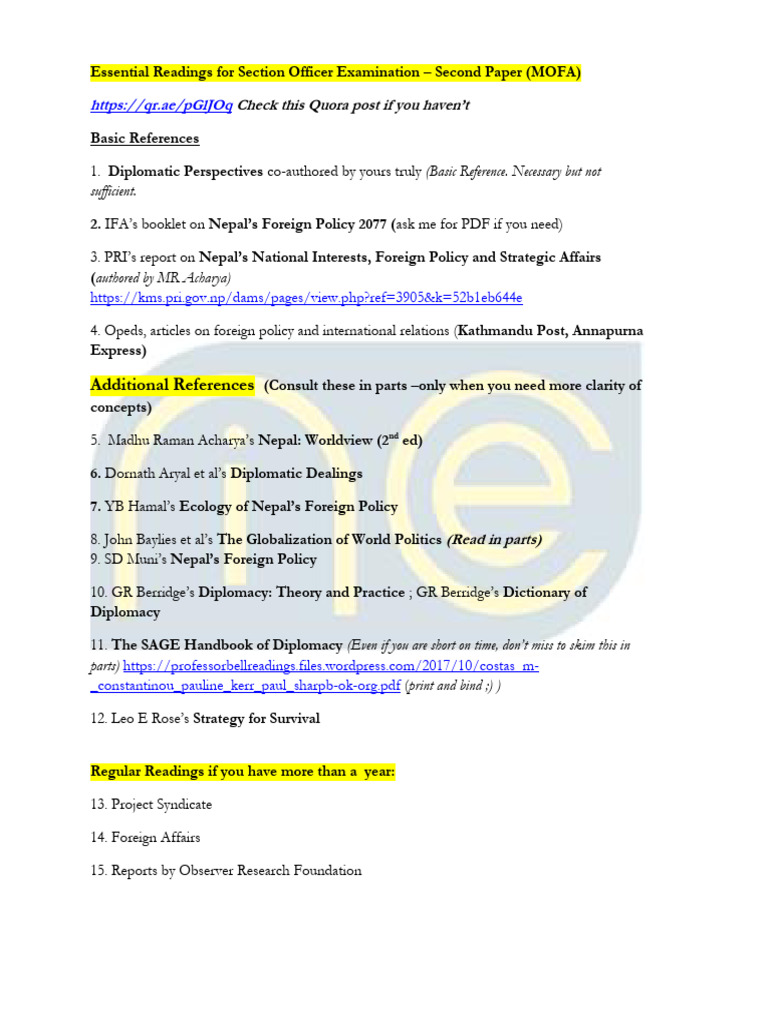 Essential Readings For Section Officer Exams - MOFA | PDF ...