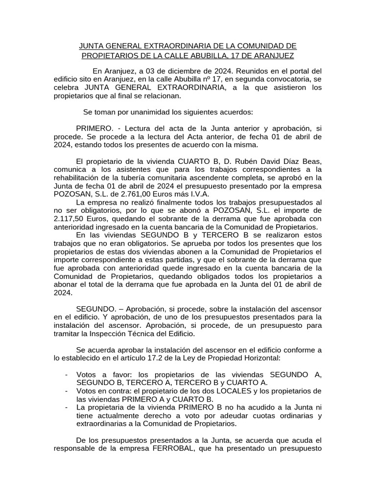 Acta Junta Extraordinaria 03-12-2024 | PDF | Presupuesto