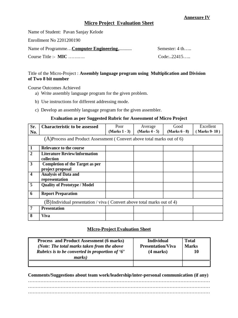 Annexure IV Microproject Evailation Sheet MIC | PDF | Assembly Language | Computer Program