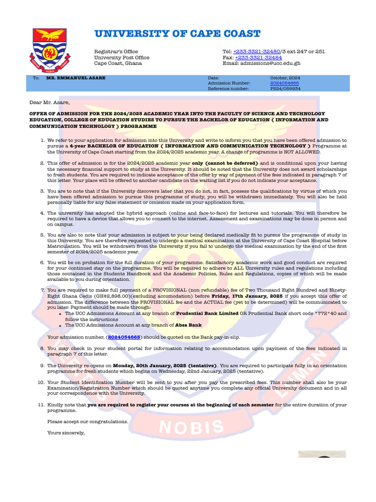 Applicant Admission Letter PDF