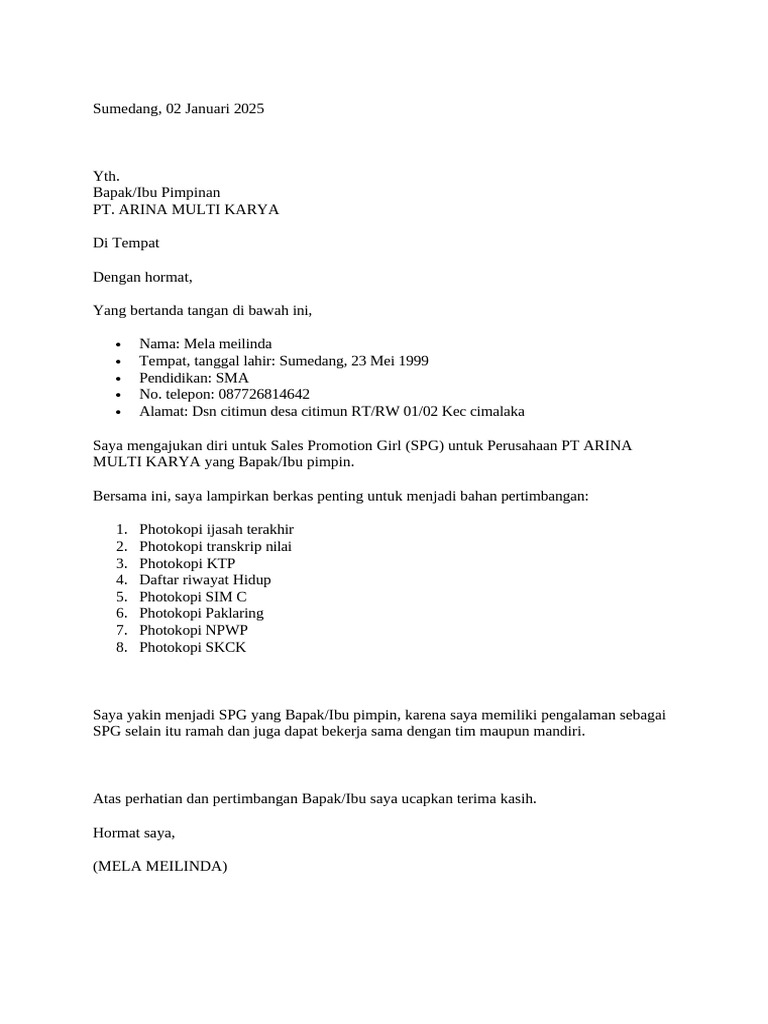 Lamaran SPG PT Arina Multi Karya | PDF