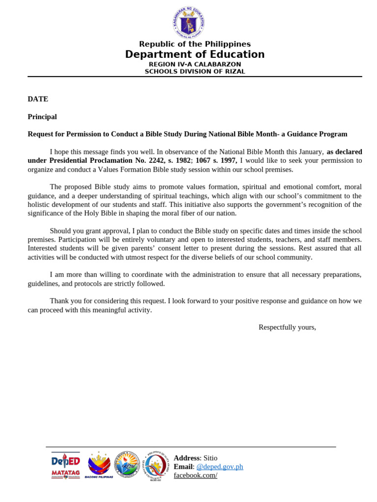 School Bible Study Letter of Request | PDF