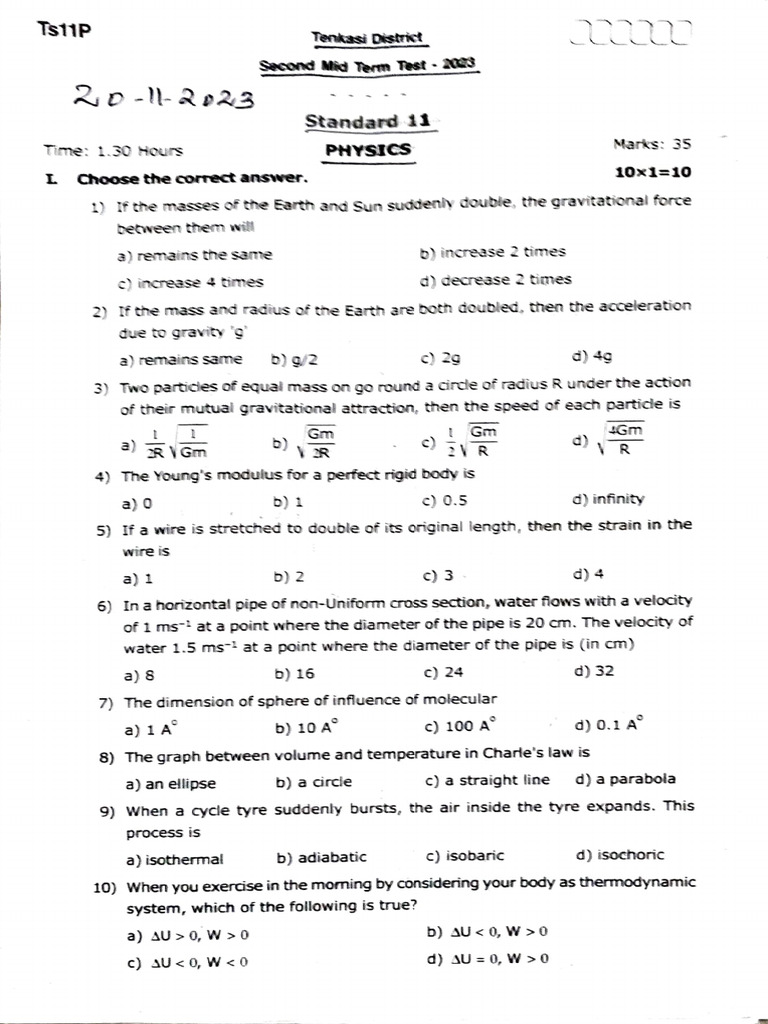11th Physics EM 2nd Mid Term Exam 2023 Question Paper Thenkasi District English Medium PDF ...